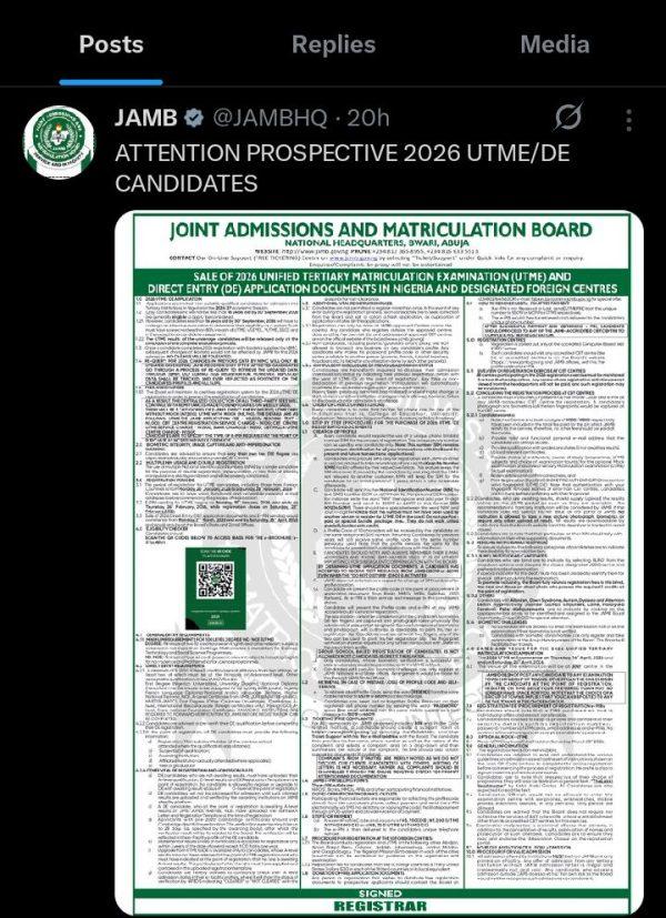 JAMB Opens Sale of 2026 UTME and Direct Entry Forms Nationwide - MegaNews